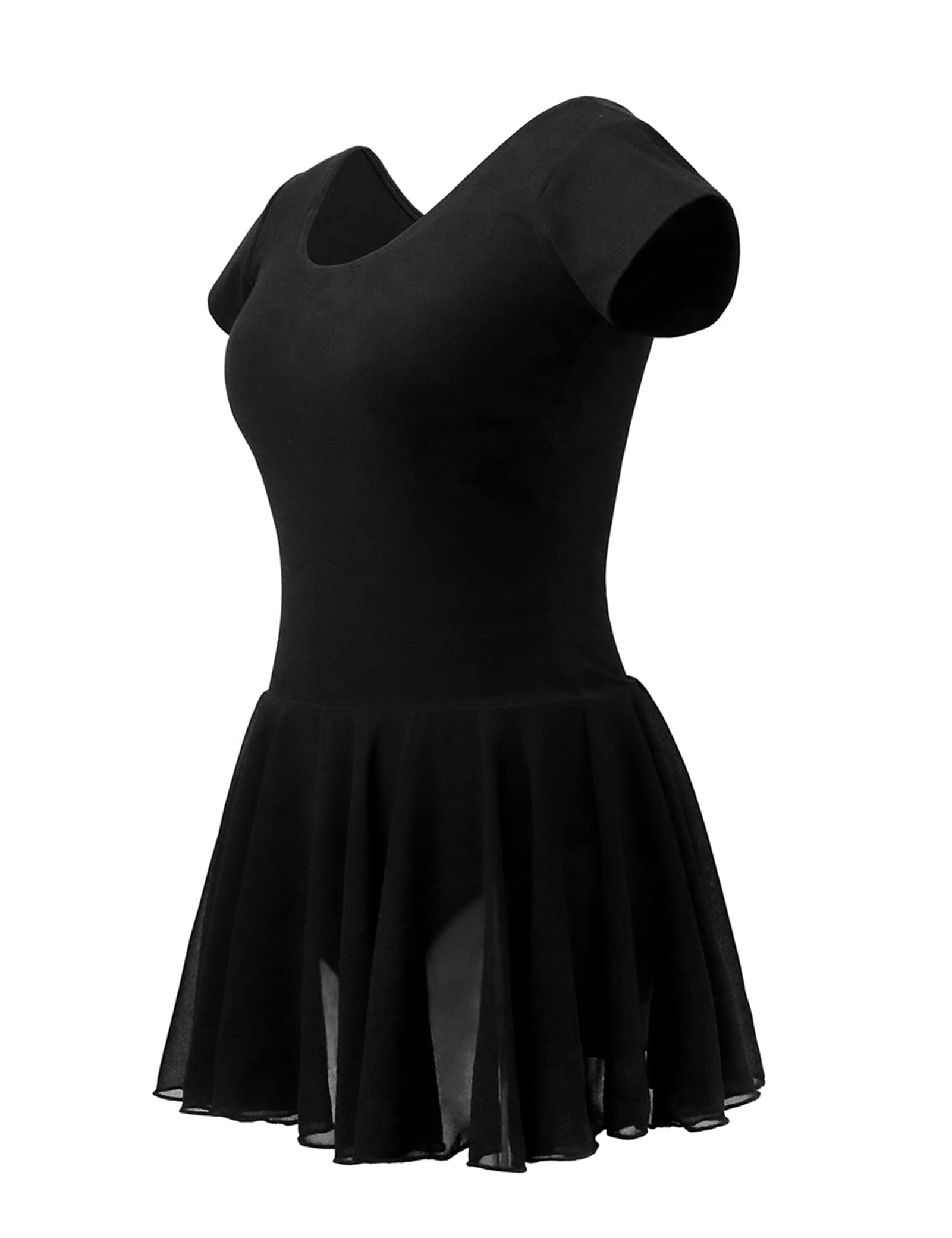 Phoeswan Skirted Dance Leotards, Women's Dance Skirt Black Cotton Short Sleeve Dance Dress for Ballet, Aerobics, Size X-Large