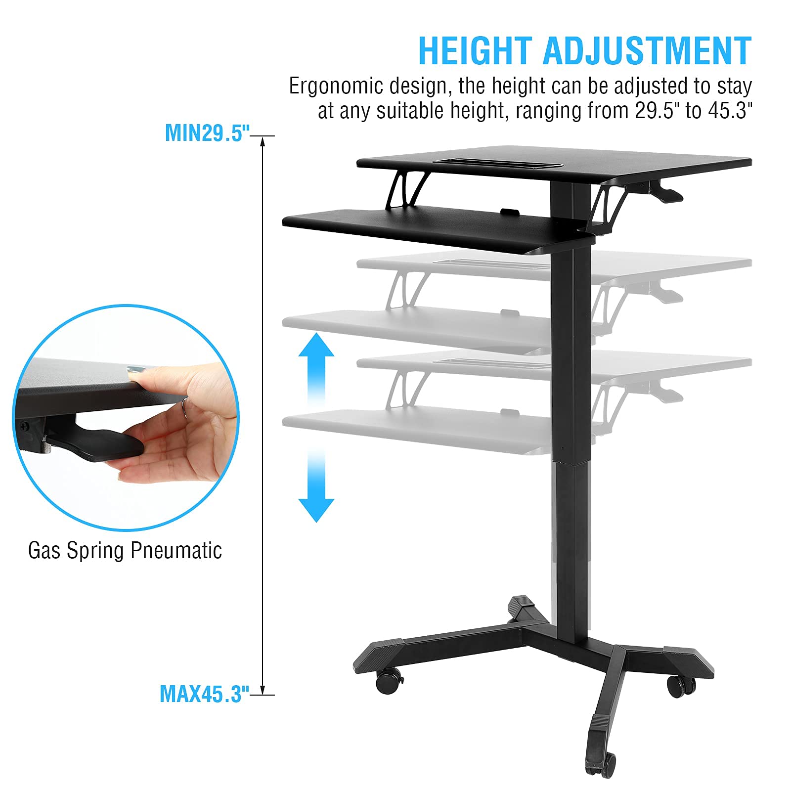 LGHM Rolling Desk, Mobile Desk Height Adjustable, Mobile Laptop Desk with Keyboard, Mobile Standing Desk w/4 Lockable Casters, Home Office Stand Up Desk Pneumatic Gas Spring Sit Stand Table (Black)