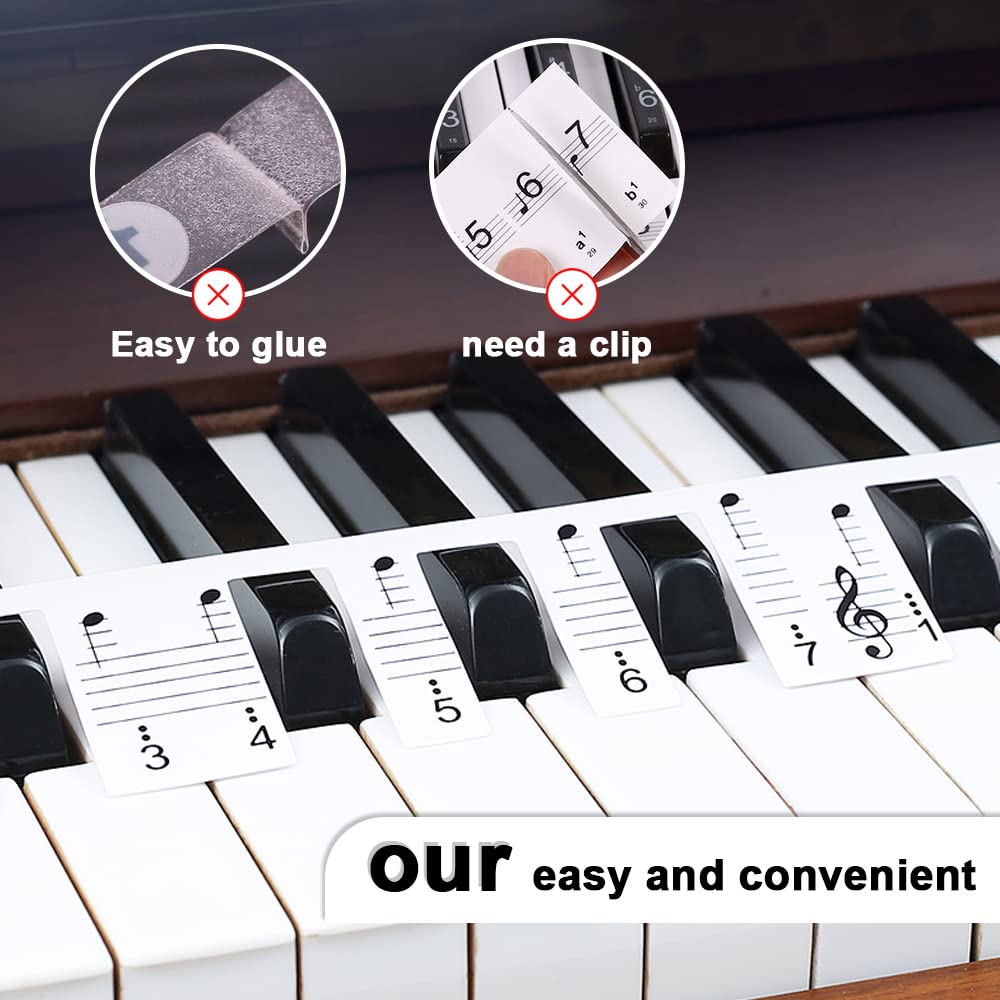 Non Stick Piano Key Labels with Case, Removable Music Keyboard Stickers with Staff and Numbered Musical Notation, Piano Rake Notes Marker Overlay for Beginners Learning Fingering (61 Keys)