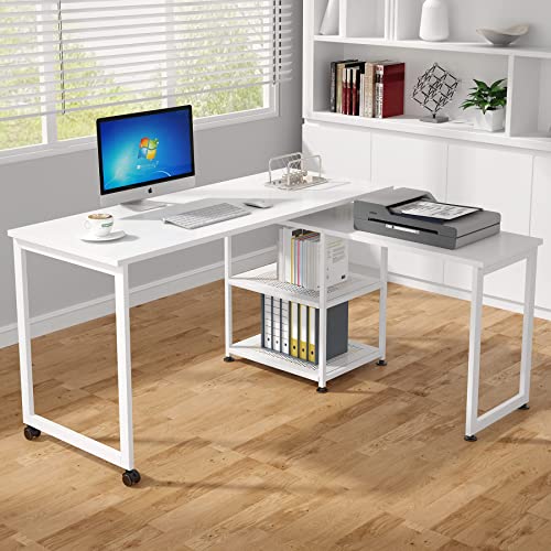 TRIBESIGNS WAY TO ORIGIN 55 Inch Reversible Office Desk, 360ยฐ Rotating L-Shaped Computer Desk with Storage Shelves, Modern Home Office Corner Desk Study Writing Table, High Glossy White