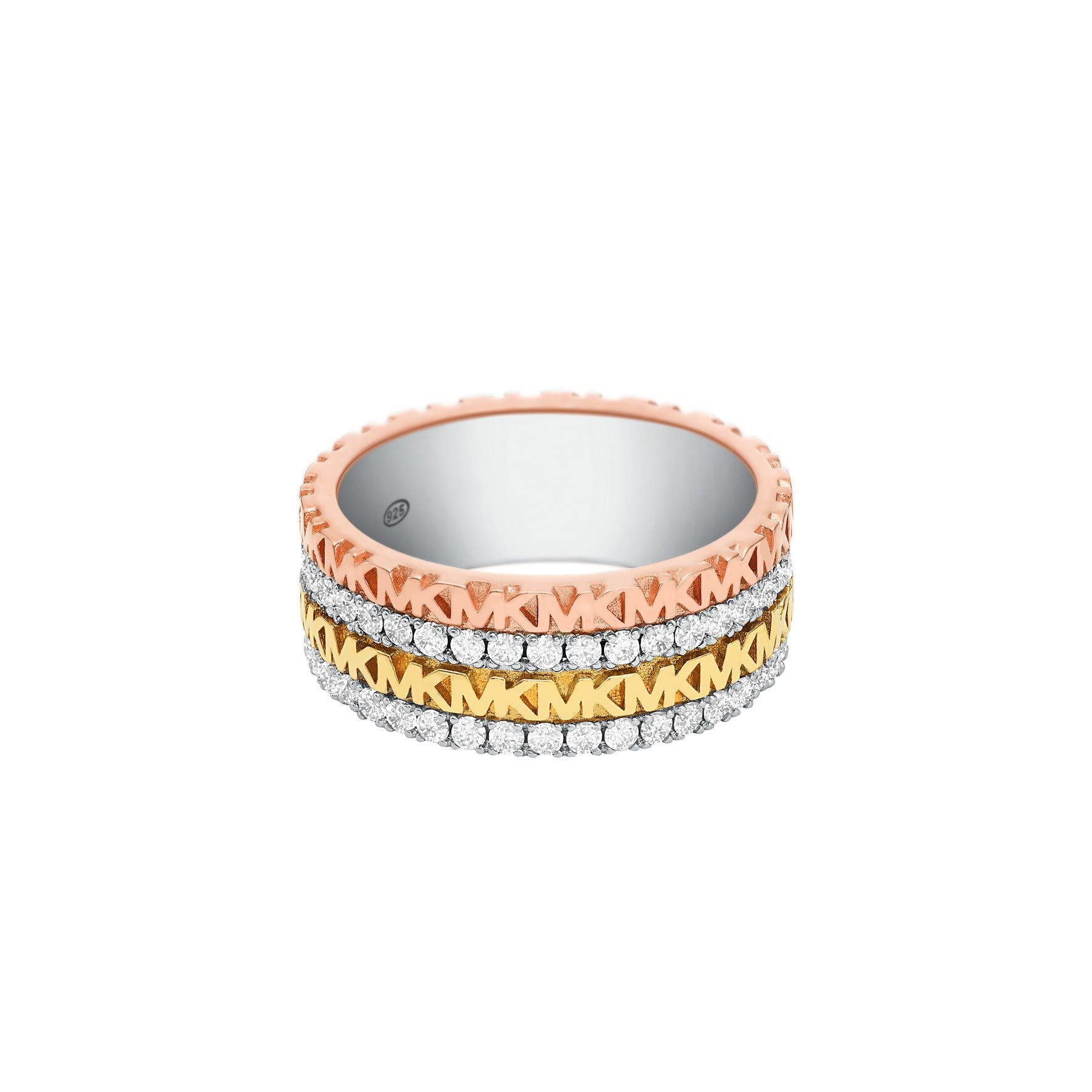Michael Kors Sterling Silver Monogram Ring Tri-Tone Silver/Gold/Rose Gold 8