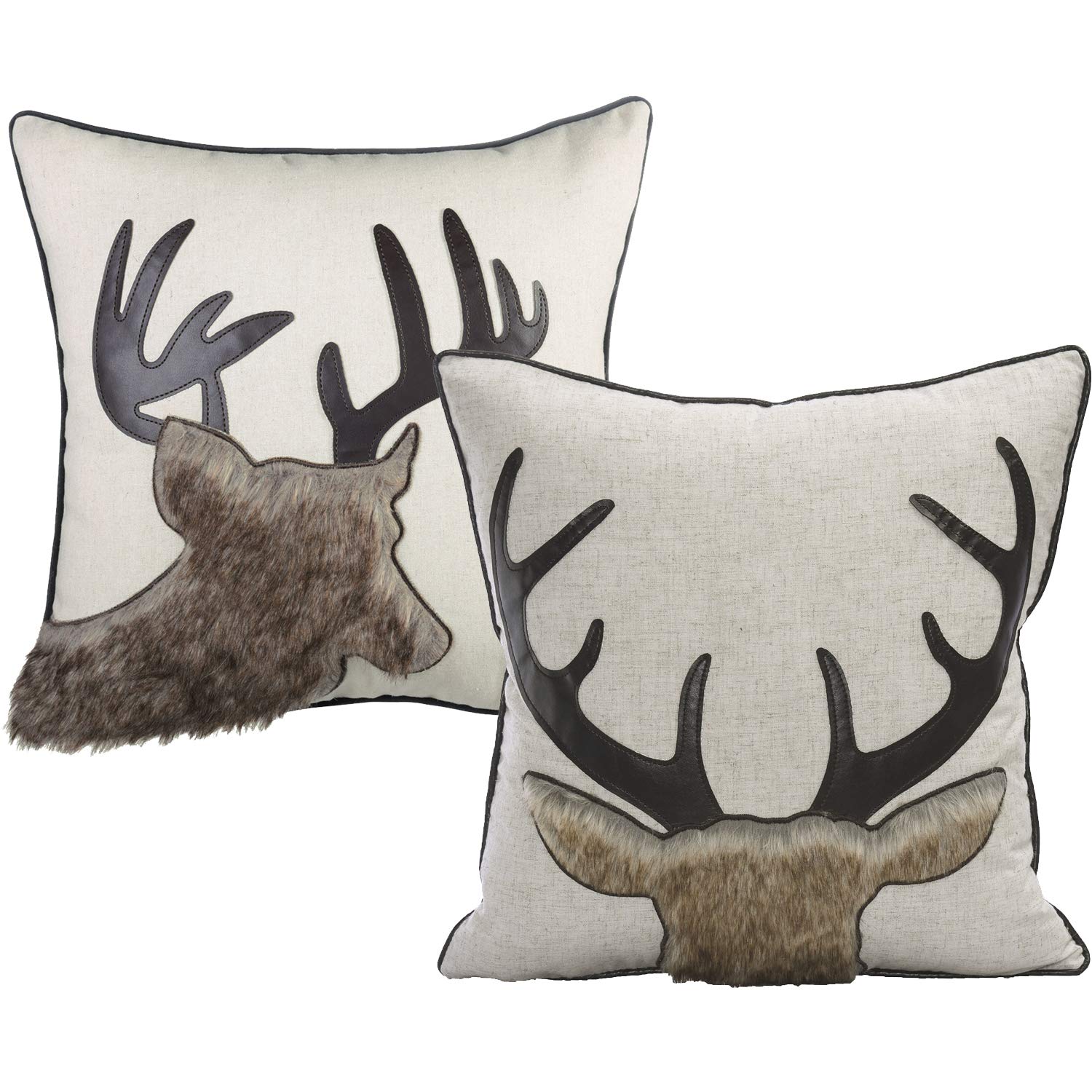Little Funny Deer Throw Pillow Covers Farmhouse Deer Head Couch Pillow Decorative Linen Fur Deer Throw Pillow Case for Bed, Sofa, 18x18 Inch (Pack of 2)