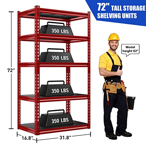 REIBII Garage Shelving Heavy Duty 72" Garage Storage Shelves 5 Tier Adjustable Heavy Duty Shelving 1750LBS Metal Storage Shelving Unit for Basement Garage Storage Rack 72"H x 16.8"D x 31.8"W Red Black