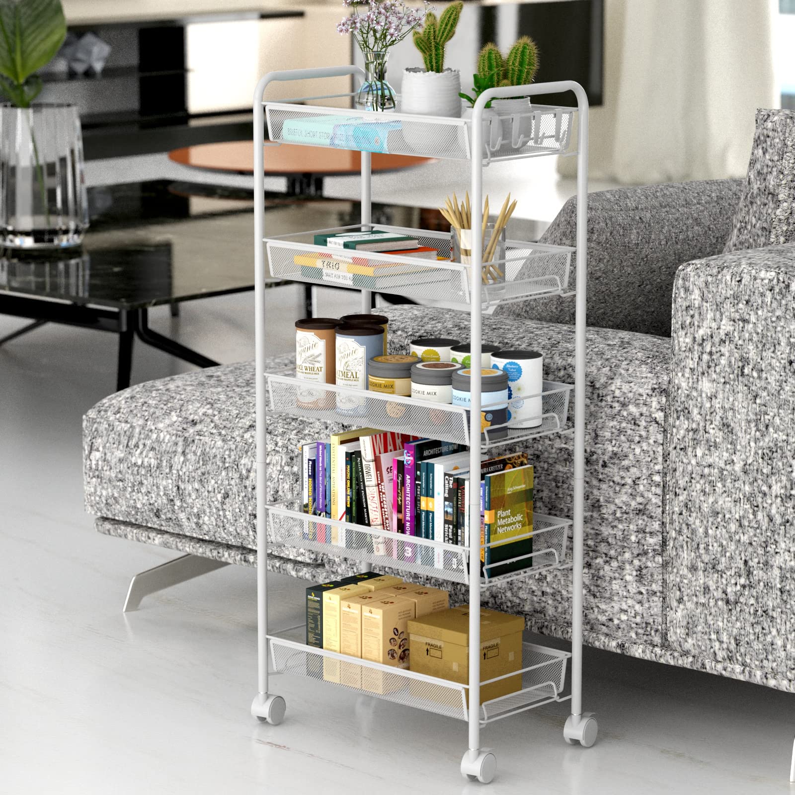 JANE EYRE 5-Tier Rolling Utility Storage Rack Cart on Wheels, Trolley Craft cart, Multi-Purpose Organizer Shelf, White