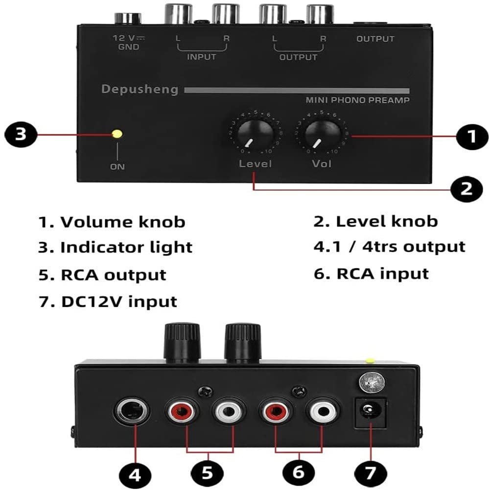 Phono Turntable Preamp-Mini Audio Stereo Phonograph,Separate DC 12V Power Adapter, RCA Input, RCA Output & Low Noise preamp,Portable, Independent Knob Control Operation -Depusheng PP500, Black