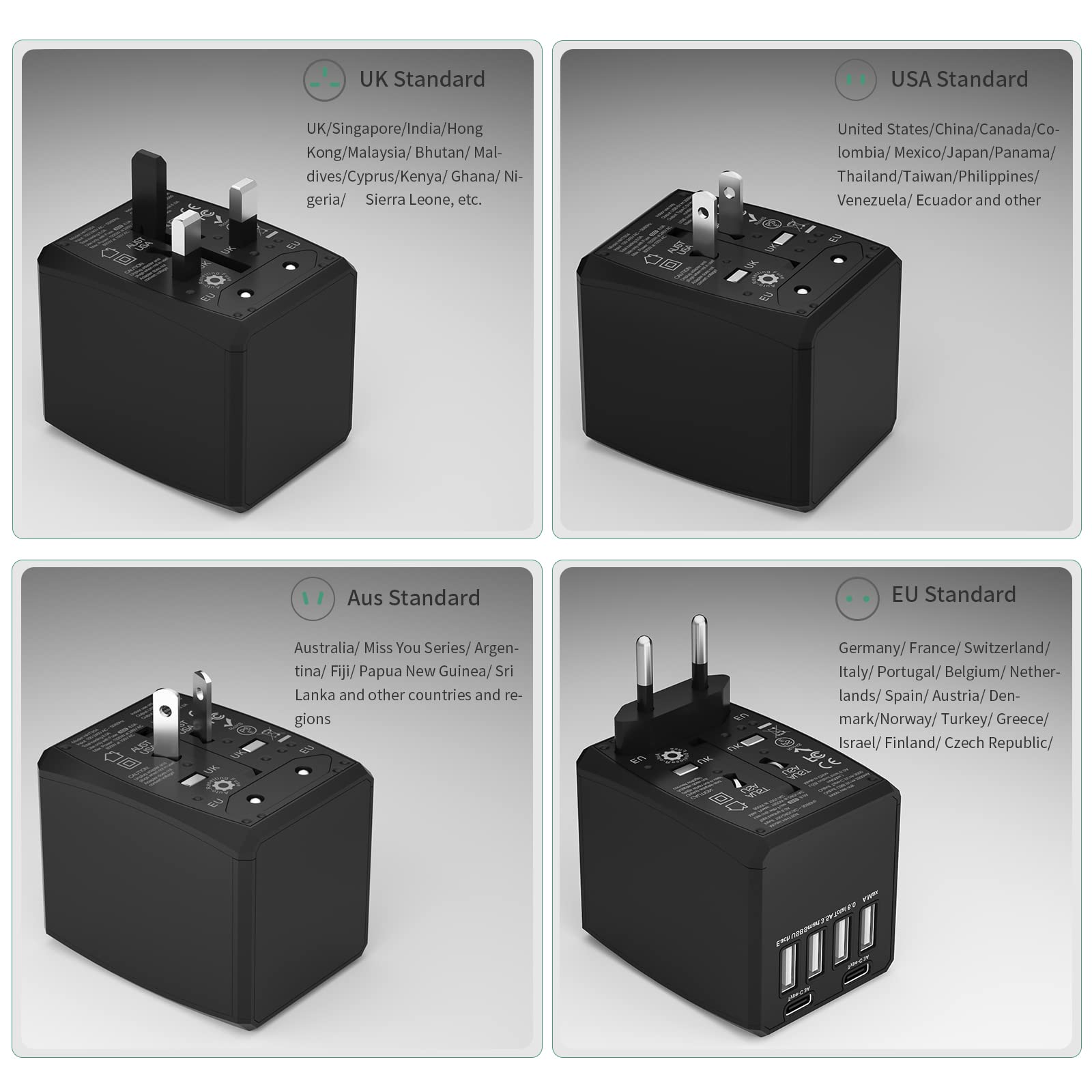 Universal Travel Adapter 3.5A High Speed 3xUSB+3A Type-C Port, International Power Adapter Max Power in 1920w for 240V AC
