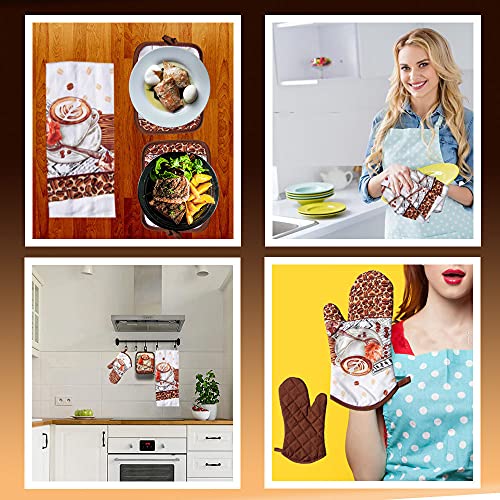 Lobyn Value Packs - 2 Coffee Kitchen Dish Towels, Matching Potholder & Oven Mitt Linen Set Steaming Style for Your Kitchen Decor Featuring Cafe Themes