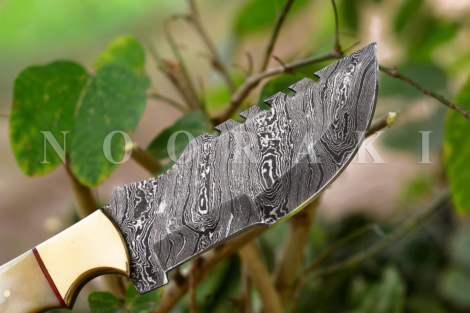 Nooraki - 11-inch | Fire Pattern Custom Handmade Damascus Tracker Knife with Camel Bone Handle Hunting knife, Camping knife, Bushcraft Knife, Survival Knife, Full Tang With Sheath #333