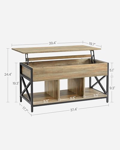 VASAGLE Lift Top Coffee Table for Living Room, Industrial Coffee Table with Hidden Compartments and Storage Shelf, Steel Frame, 19.7 x 39.4 x (19.3-24.4) Inches, Oak with Blue Grains ULCT202B60