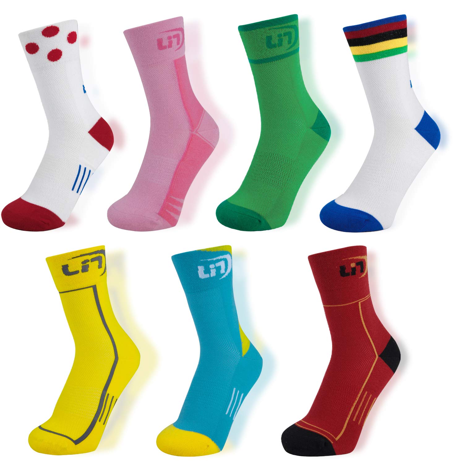 LIN 7 Pack Cycling Socks for Men and Women Funny Color Biking Socks Performance Athletic Crew Socks (L(10-13), Championship Jersey Color)