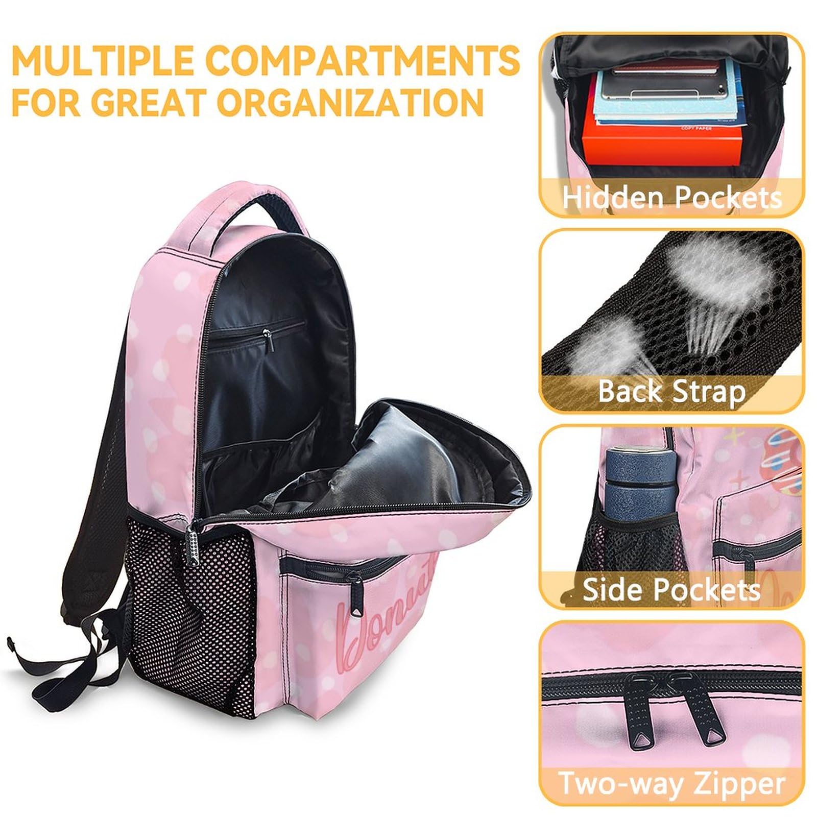 KNOWPHST Donut Backpacks for Girls - 16 Inch Cute Backpack for School - Pink, Large Capacity, Durable, Lightweight Bookbag for Kids Travel