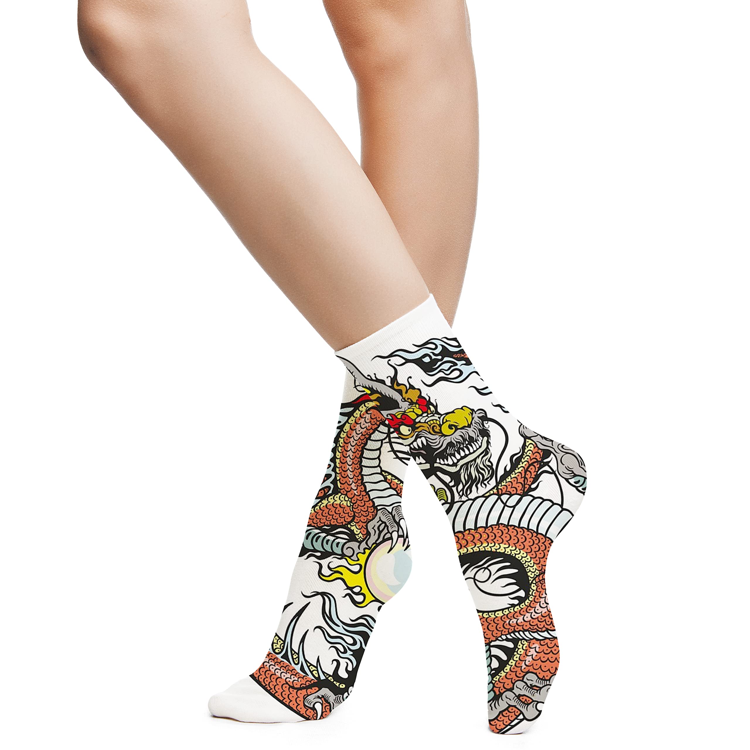 SARNFANS Dragon Fashion Compression Socks,Traditional Chinese Creature,Performance Polyester Cushioned Athletic Crew Socks for Running,Athletic White Black - 12 inches