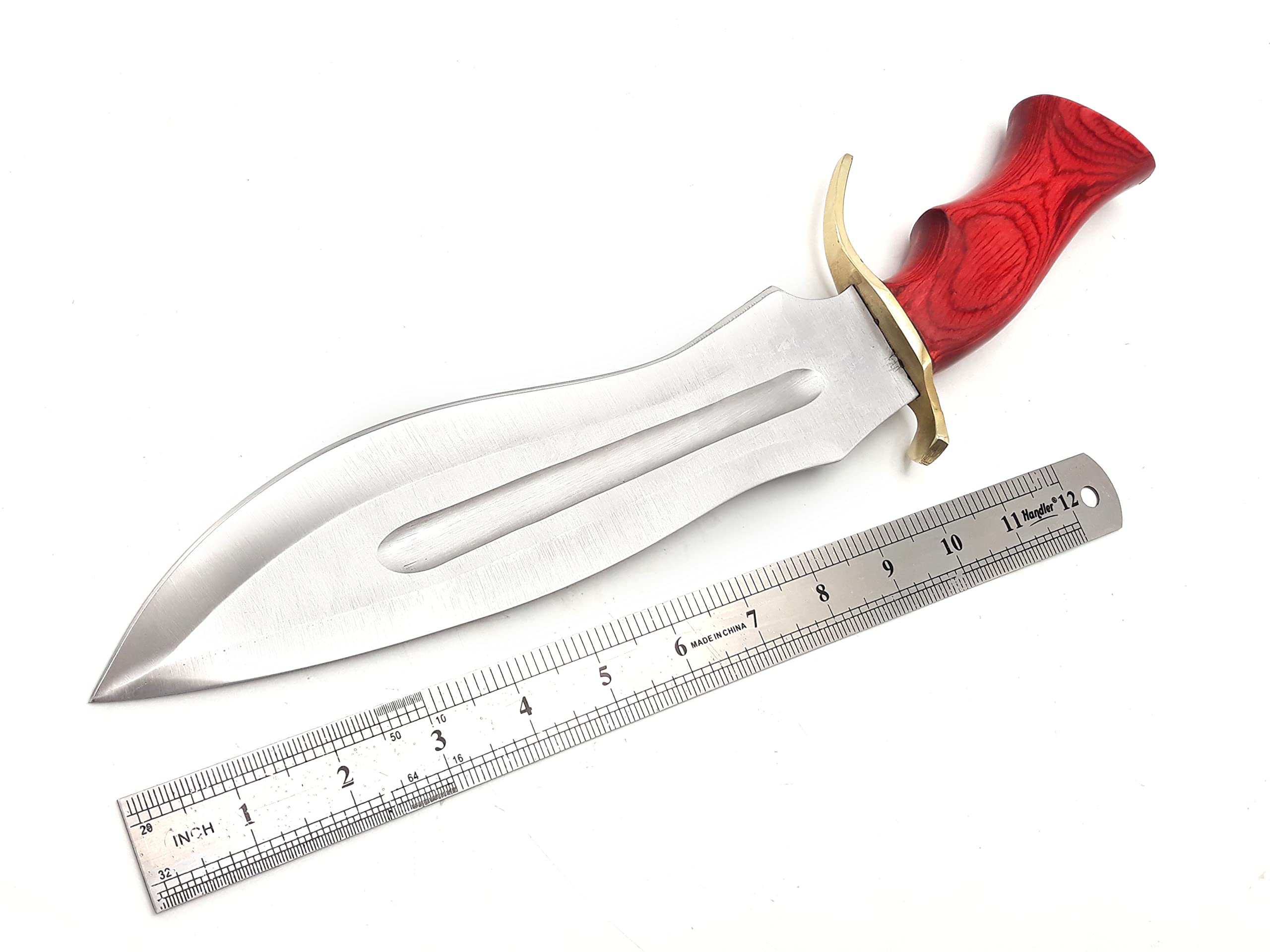Nooraki - 15.5" Handmade D2 Steel Fixed Blade Bowie Knife with Leather Sheath, Multipurpose Knife with Brass Guard and Red Pakka Wood Handle for Everyday Carry, Camping, Hunting
