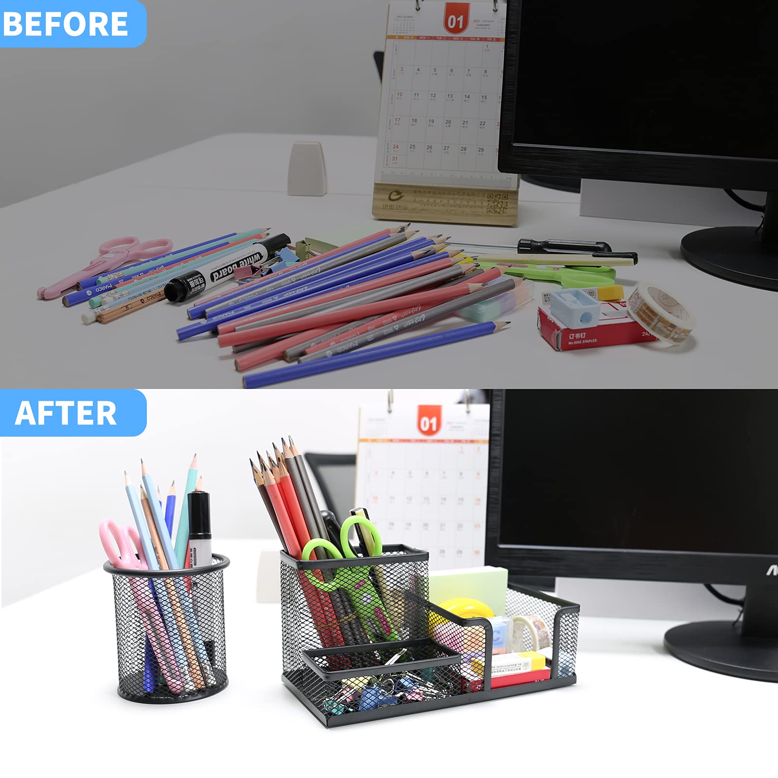 KeFanta Pen Holder Pencil Holders for Desk Pencil Cup,4 Compartments Pen and Pencil Holders,2 Piece Mesh Stationery Organizer for Office Desk,Black Office Supplies Accessory for Desktop