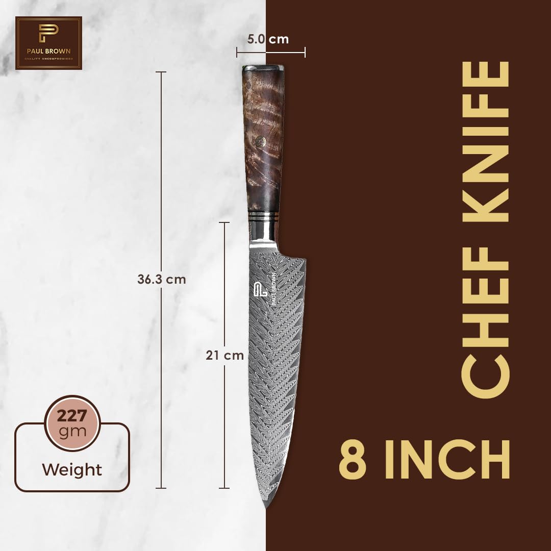Paul Brown's™ Japanese AUS10 Damascus Steel 8 inch Chef Knife Sapele Wood Handle Arrow Pattern 67 Layers Sharp Kitchen Knife with Pine wood Gift box and Leather Sheath
