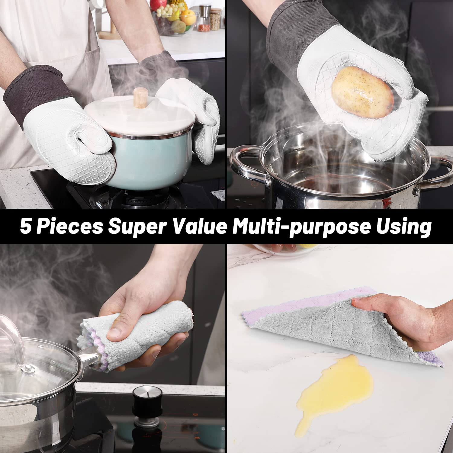 MKLINSIYU Silicone Kitchen Oven Mitts,Heat Resistant 500 Degrees,Oven Mitts Set,Waterproof Flexible Glove and Quilted Liner for Oven Cooking, Grill & BBQ (Light Grey), 12 x 5.7 x 0.75 inches