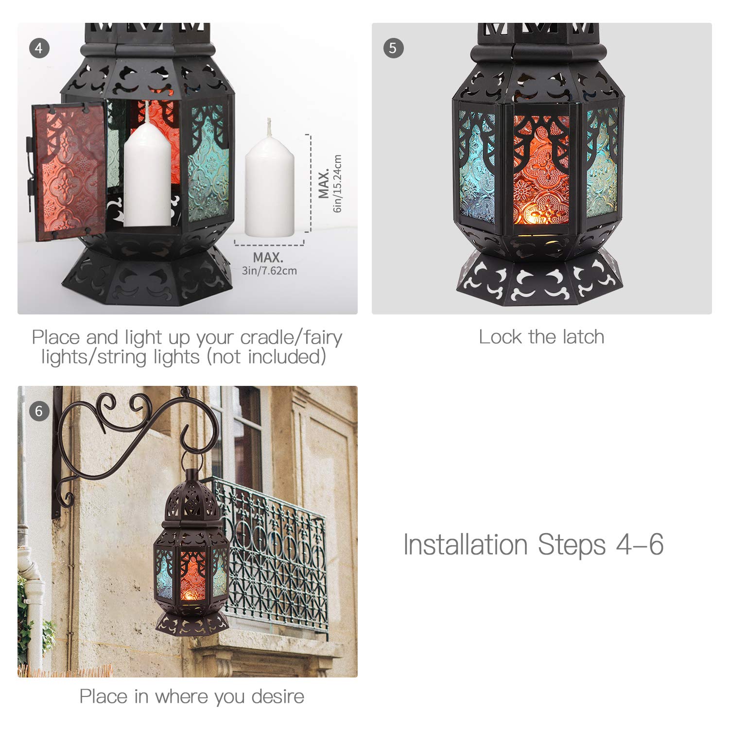 Lewondr Retro Iron Ramadan Candle Lantern, 13.8 Inch Portable Moroccan Wrought Iron Stained Glass Decorative Lantern Candle Holder Hanging Lamp Wind Lantern for Home Decor, Large – Black + Colorful