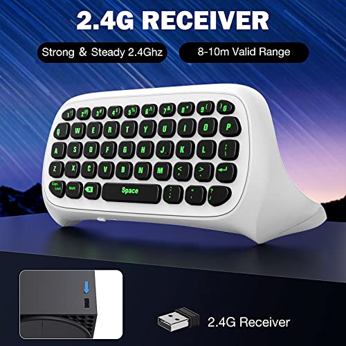 MoKo Green Backlight Chatpad for Xbox One Controller, Xbox Series X/S, 2.4G Receiver Chatpad Wireless Message Keyboard Keypad with Headset/Audio Jack for Xbox One/One S/Elite/2 Controller White