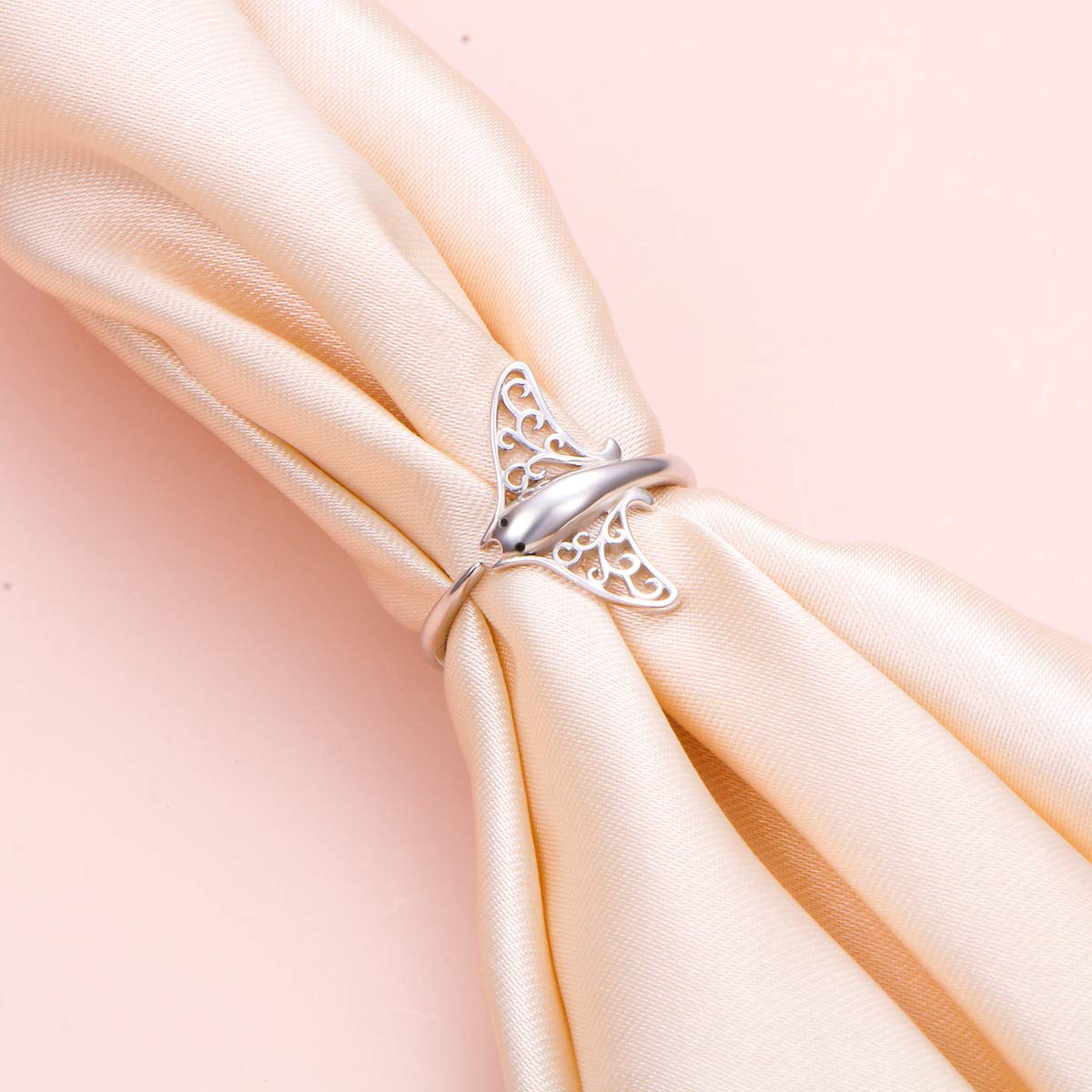 Ladytree S925 Sterling Silver Stingray Sea Animal Open Ring Manta Ray Tree of Life Adjustable Bypass Nature Ocean Ring,Size 7