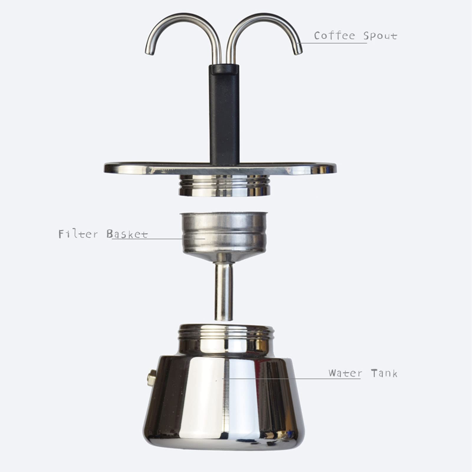 Moka Coffee Pot, Moka Pot, Moka Coffee Maker, 2 Cup 100ML Moka Pot Double Head Stainless Steel Mocha Coffee Pot Italian DIY Conduit Coffee Maker