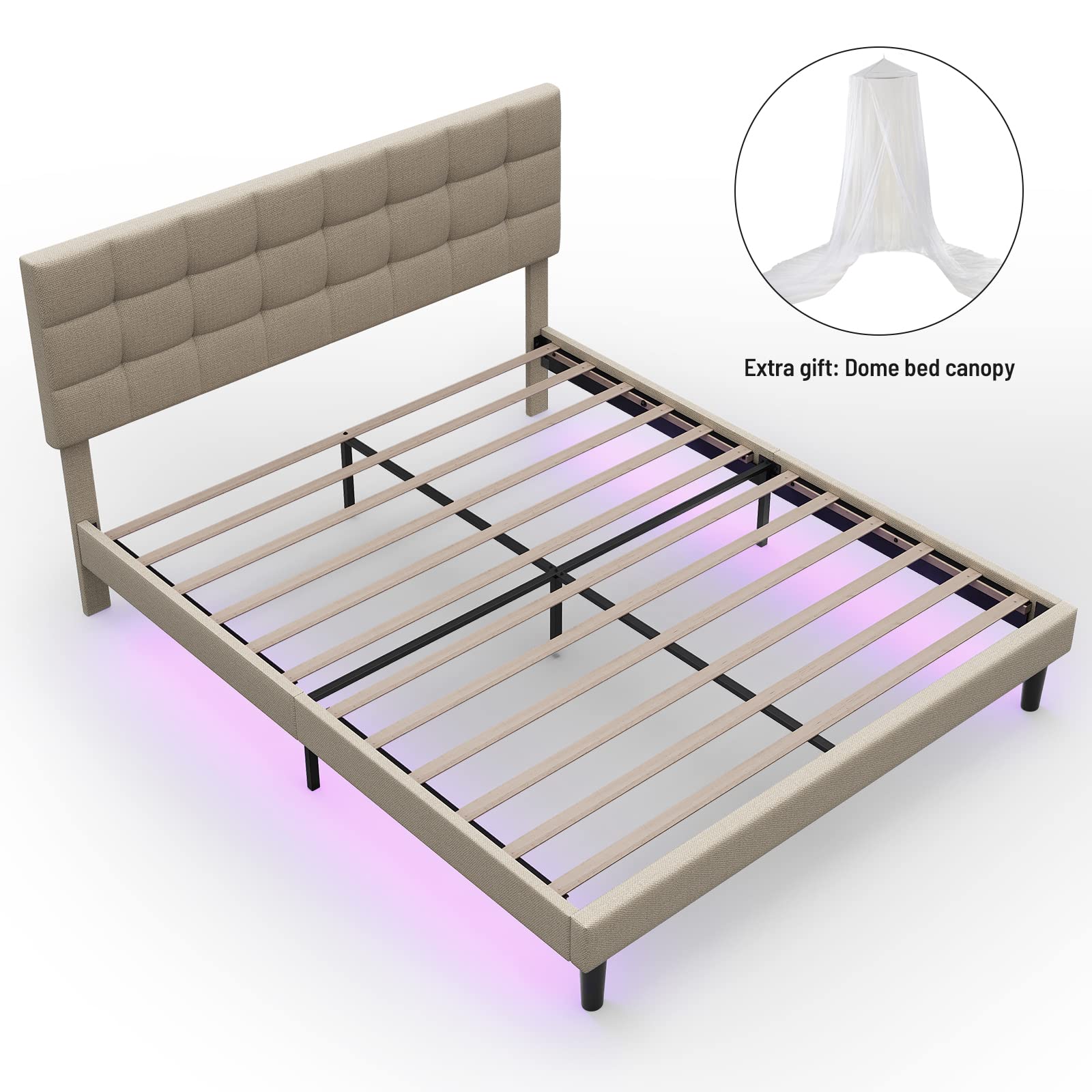 Kelfluxion Queen Size Upholstered Platform Bed Linen Bed Frame with Lights Square Stitched Adjustable Headboard Strong Bed Slats System No Box Spring Needed (Beige)