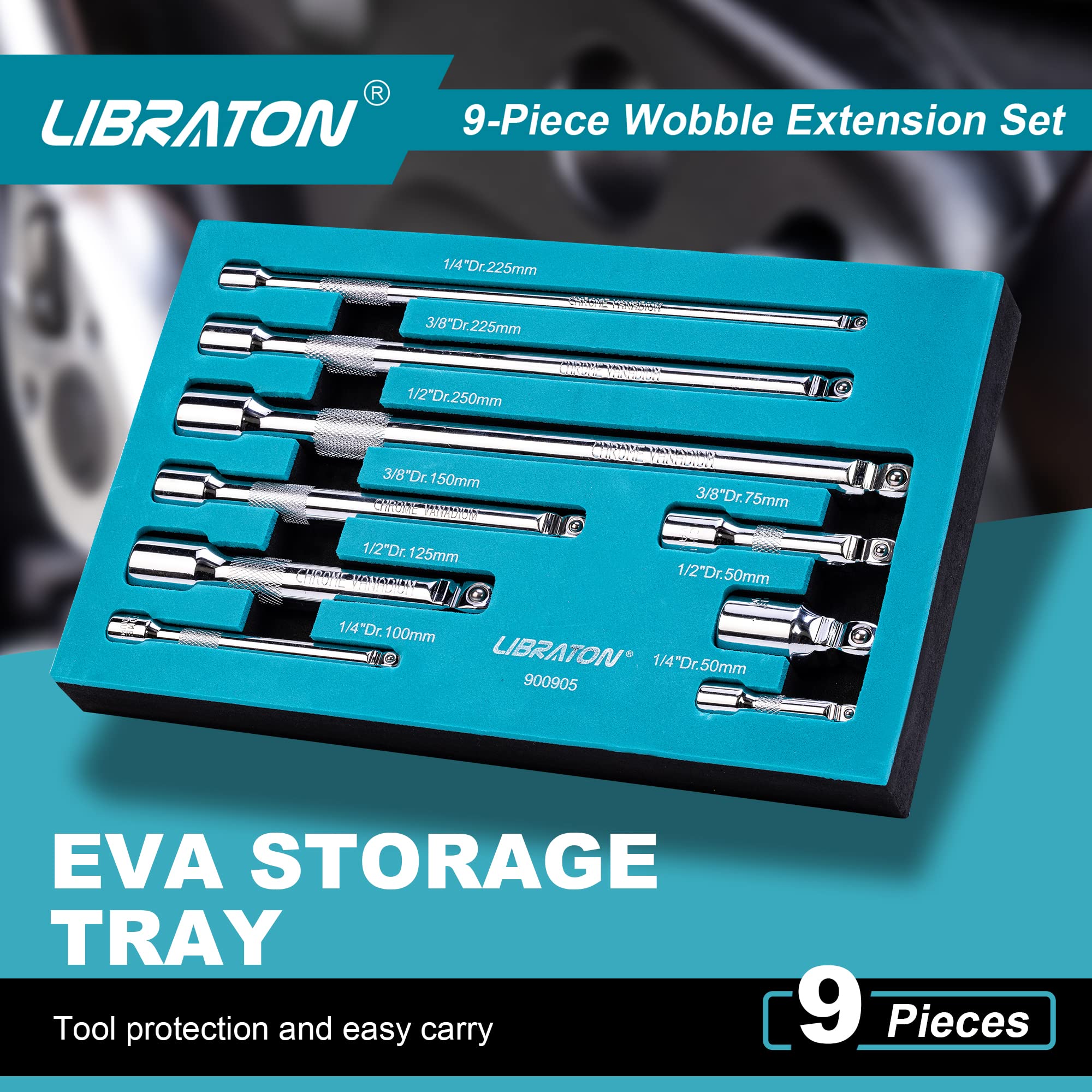 Libraton Wobble Extension Set 1/4'' 3/8'' 1/2'', Wobble Socket Extension, Extension Set, Wobble Socket Extension Set, Drive Socket Extension Bars 9PCs (Cr-V) with Chrome Plated in EVA Storage Tray