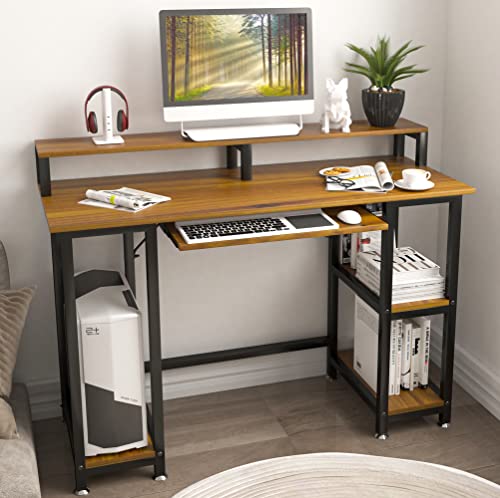 JSungo Small Computer Desk with Monitor Stand, 47 Inch Office Desk with CPU Shelf and Dual Storage Bookshelf for Small Space, Sturdy Writing Table with Keyboard Tray for Home, Natural