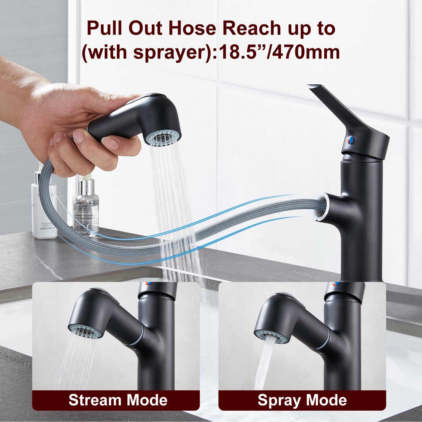 Kelmuel Single Hole Pull Out Faucet,Matte Black Sink Faucet Bathroom,Pull Down Sprayer Single Handle Pull Out Faucet for Bathroom RV Office Sinks
