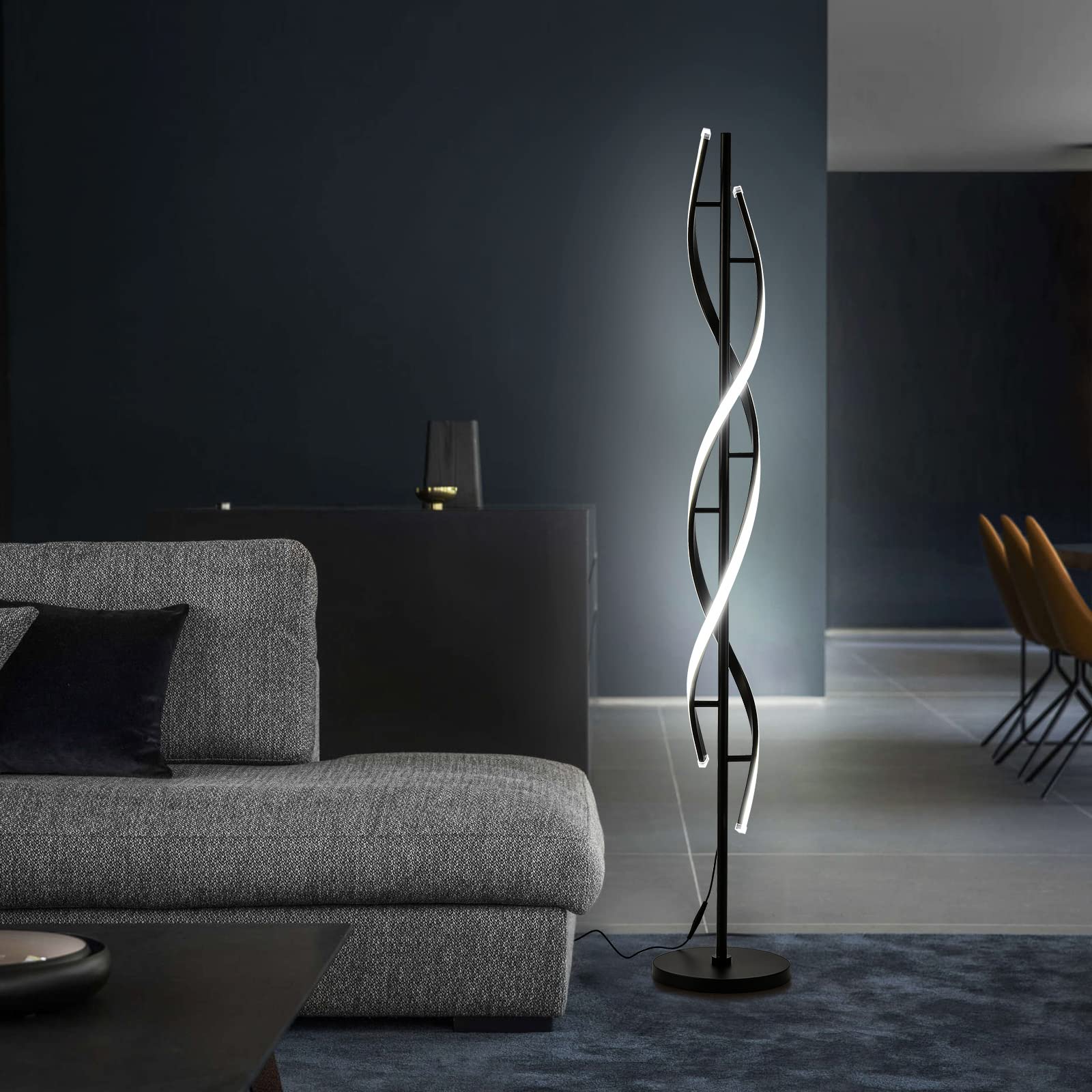 JTfany Spiral LED Floor Lamp for Bedroom,Modern Floor Lamp with Remote Control 60 Inch Dimmable Black Floor Lamp 48W Standing Lamp Timing 3 Color Temperature Corner Floor Lamps for Living Room