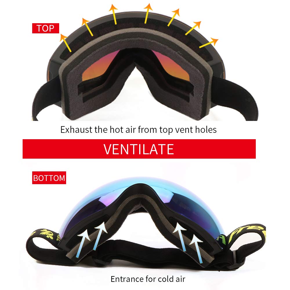 LR Ski Goggles Snowboard Goggle Over Glasses with Anti-Fog Spherical Dual Interchangable Lens for Men Women UV400 3002 (Black/Classic Grey)