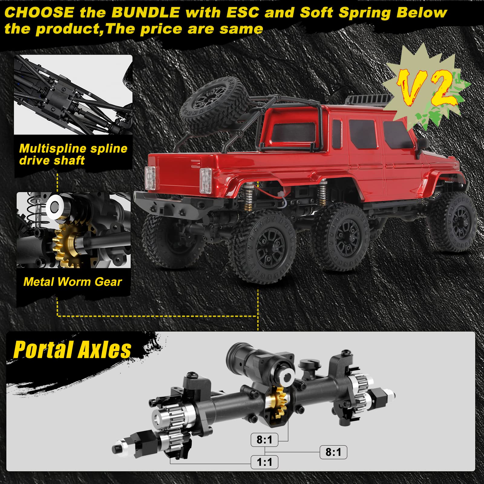 PANDA HOBBY Tetra24 X3 6X6 V2, 1/24 RC Rock Crawler 6WD Portal Axles & Electrified Magnetic Body Red