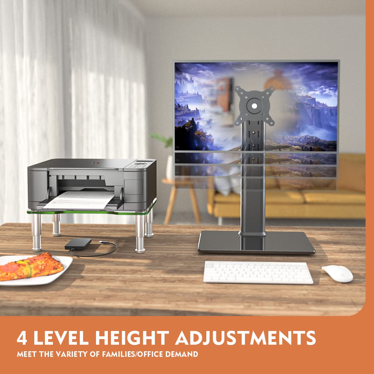 Single LCD Computer Monitor Free-Standing Desk Stand Riser for 13 inch to 32 inch Screen & Clear Tempered Glass Computer Monitor Riser with Height Adjustable Multi Media Desktop Stand