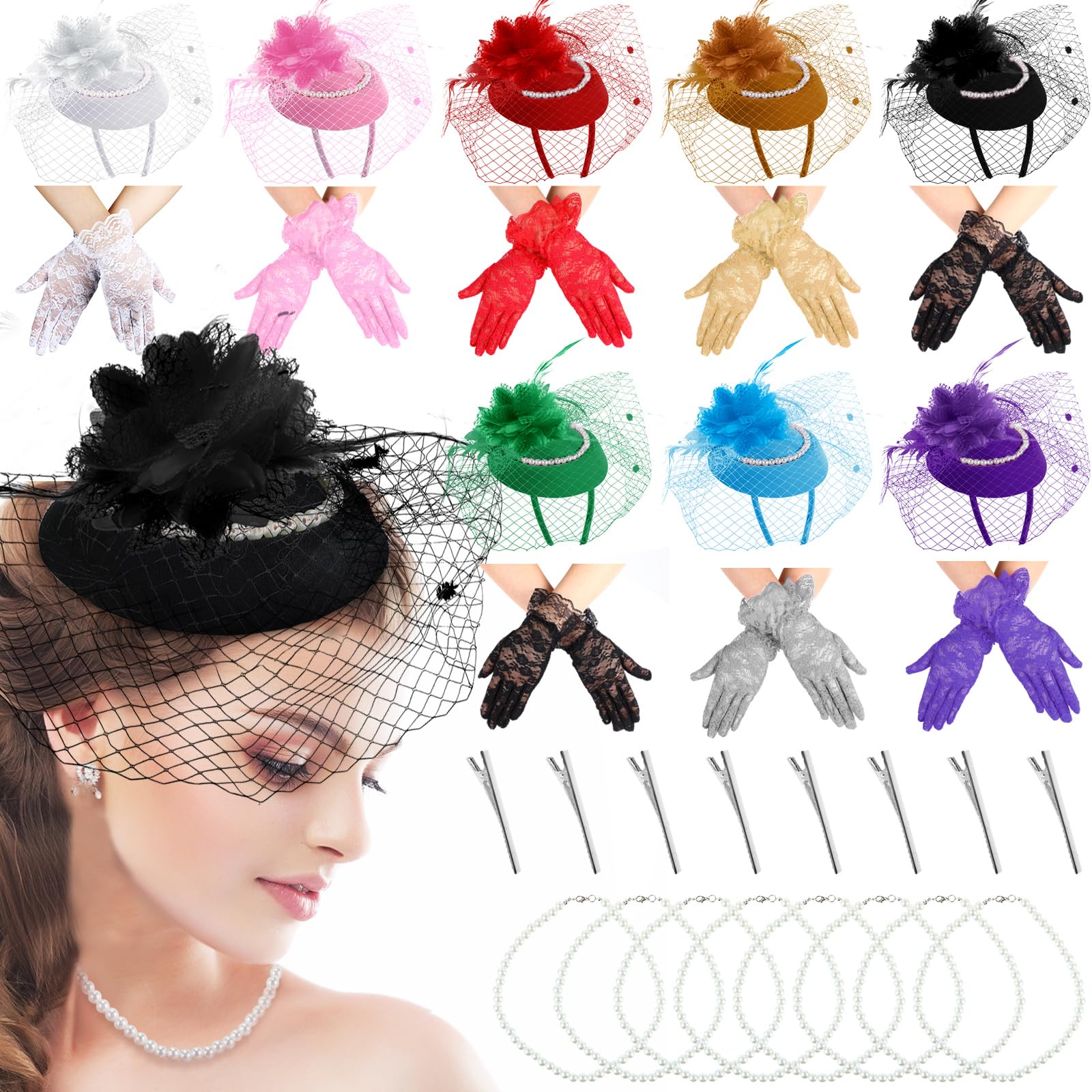 Shinymoon 8 Set Women Fascinators Hats Tea Party Hats Valentine Lace Gloves and Pearl Necklace Set Vintage Veil Cocktail Headpiece for Wedding Church Evening Funeral Accessories