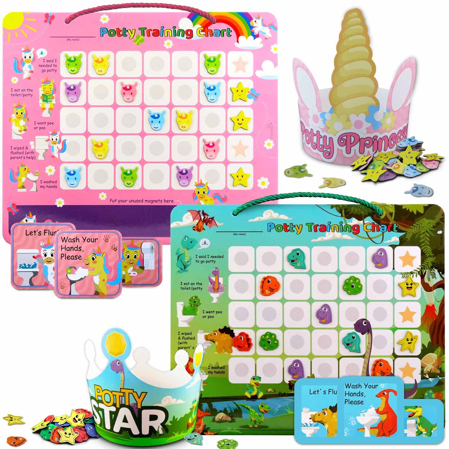 Putska Bundle Dino & Unicorn Potty Training Chart for Toddler, Sticker Chart for Kids Potty Training, A Reward Chart for Kids, Reward Sticker Chart Kids Toilet Training, Potty Chart for Boys & Girls,