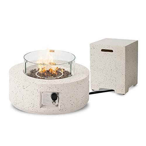 SUNBURY Outdoor 28 Inch Propane Fire Pit Table, Round Fire Table w Tank Table, 40,000 BTU Spotted White Patio Gas Fire Table w Tempered Glass Wind Guard, Waterproof Cover