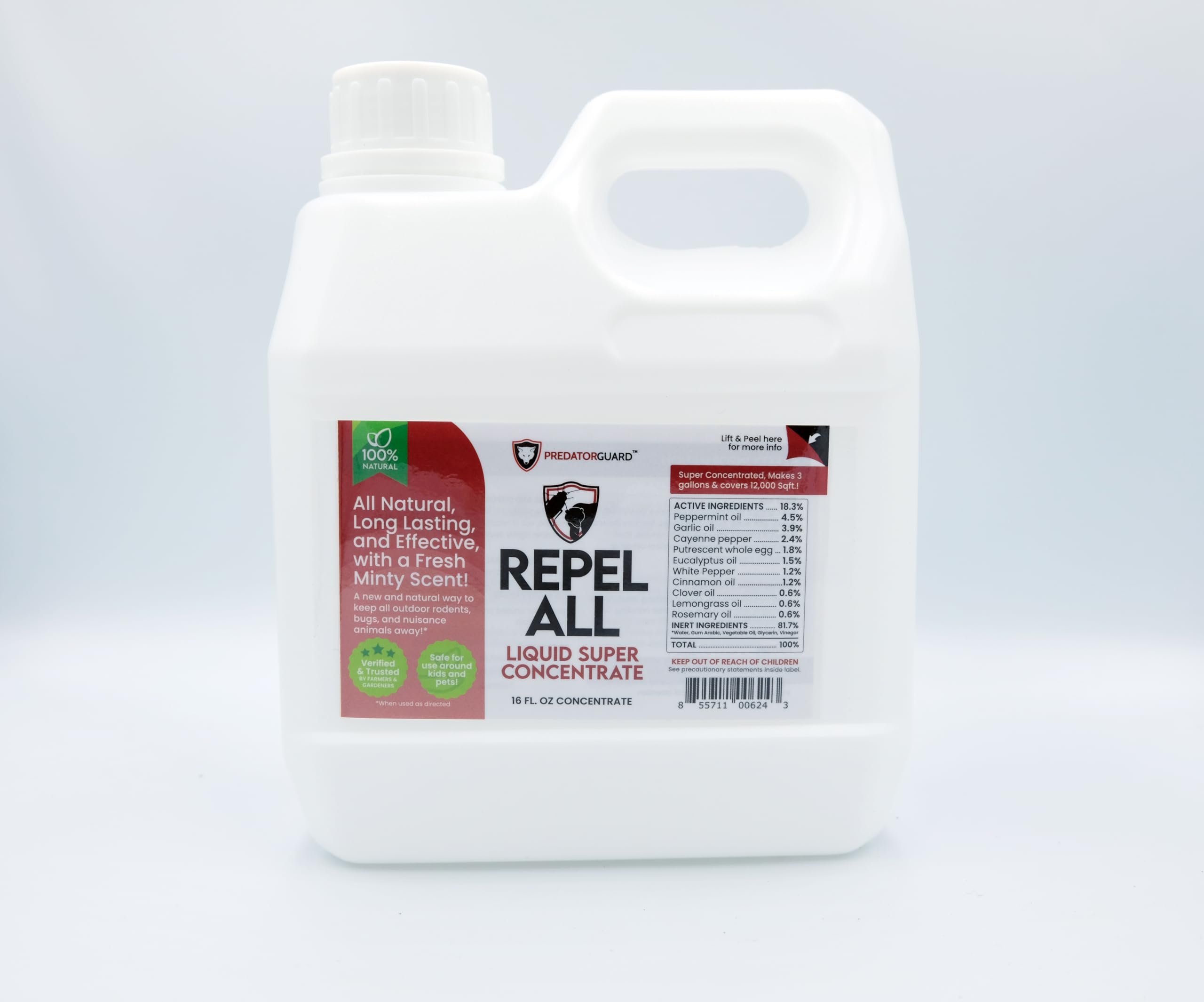 Predator Guard Repel All - Animal Repellent Liquid Super Concentrate for Rats Mice Skunk Raccoon Fox Bear Roach Mosquito Spider & Bug Spray - Treats up to 12,000 Sqft - 16 oz