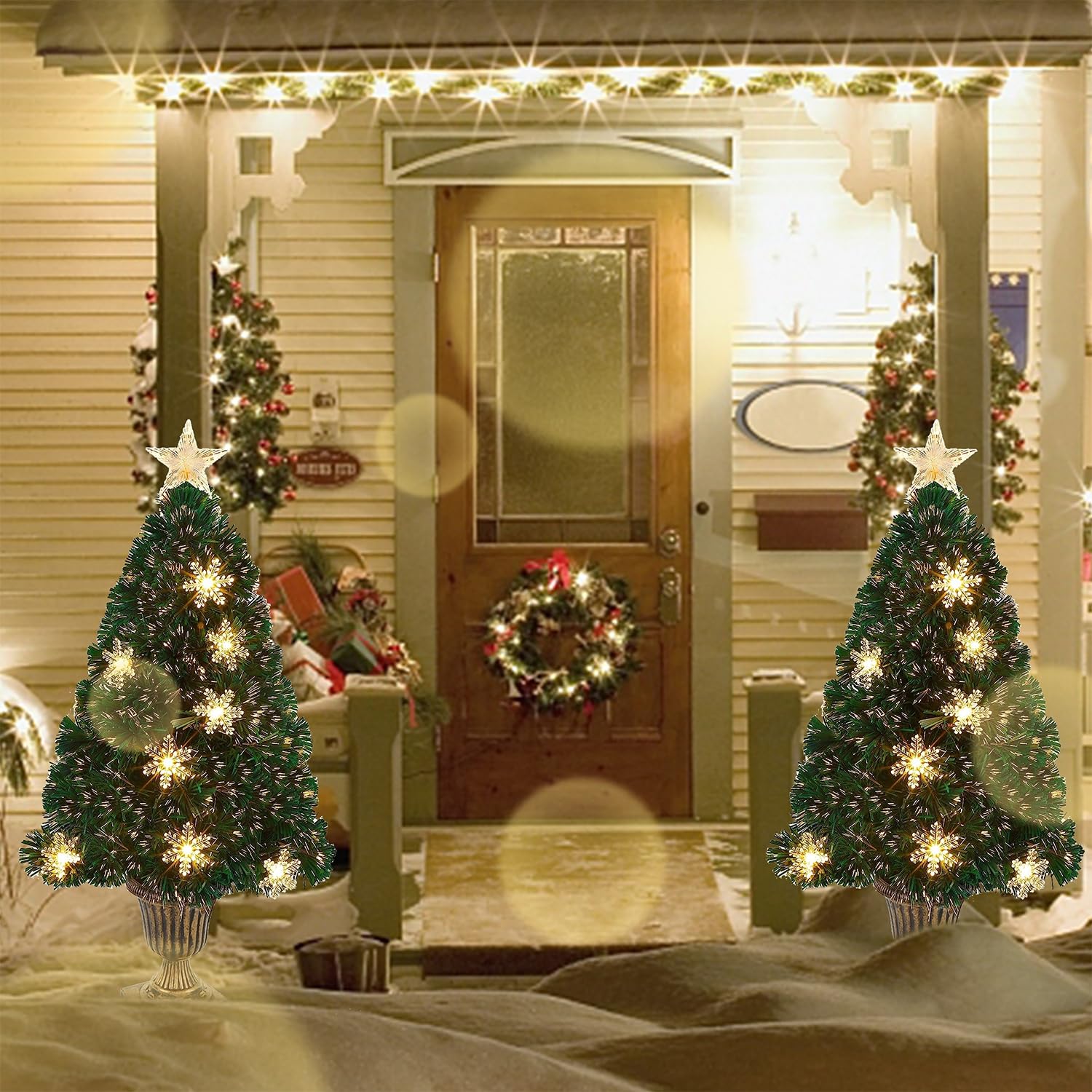 Juegoal 3 FT Pre-Lit Artificial Christmas Tree, 2 Pack Lighted Optical Fiber Entrance Tree in Gold Urn Base with Lights, 8 Lighting Modes, 110 Branch Tips Front Door Porch Entryway Holiday Home Decor