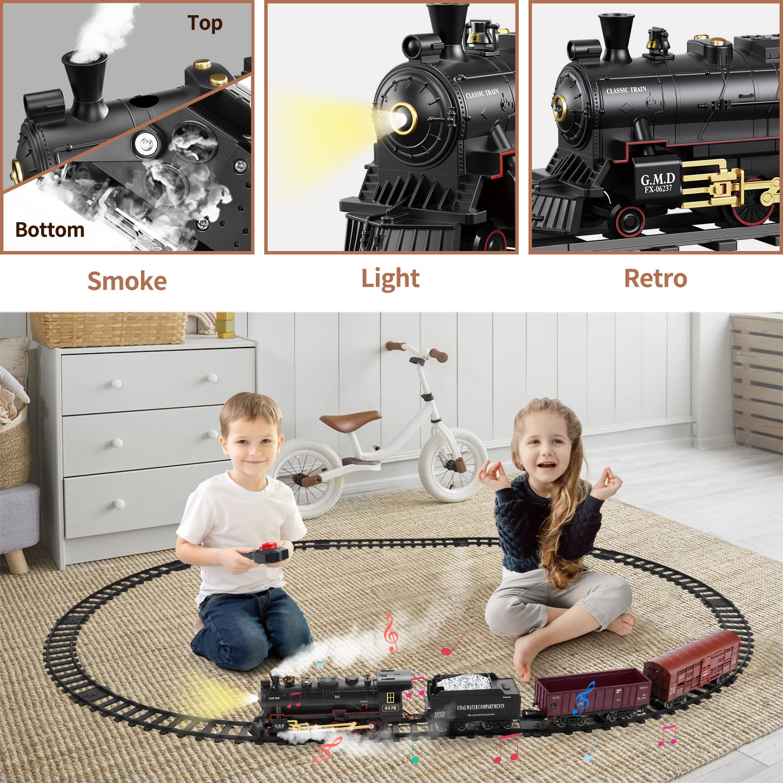 JONEALA Train Set with Remote Control,Electric Train Track Around Christmas Tree W/Cargo Vehicle,Light & Sounds,Alloy Steam Locomotive Engine Train Toy Gift for Boys Girls 4 5 6 7 8 9 10