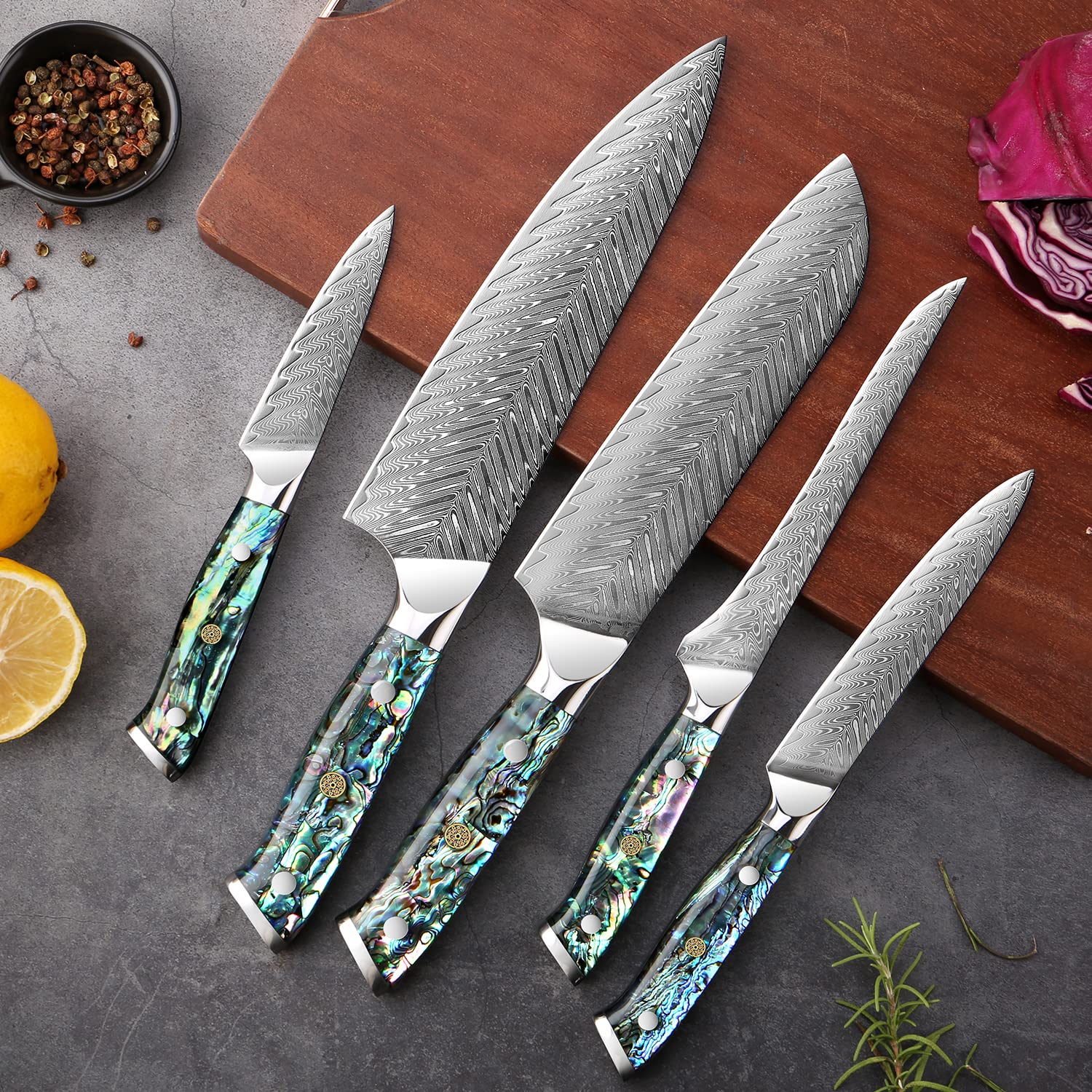 SENKEN Damascus Steel Kitchen Knife Set - Umi Collection - 67-Layer Japanese VG10 Steel, Real Deep-Sea Abalone Shell Handle, Chef's Knife, Santoku, Paring, Fillet, Utility (5-Piece Damascus Knife Set)