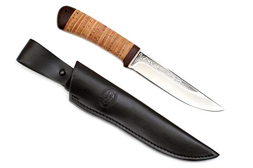 Russia Made Hunting Fox Knife - Stainless Blade - Birch Bark Non Slippery Handle - Leather Sheath