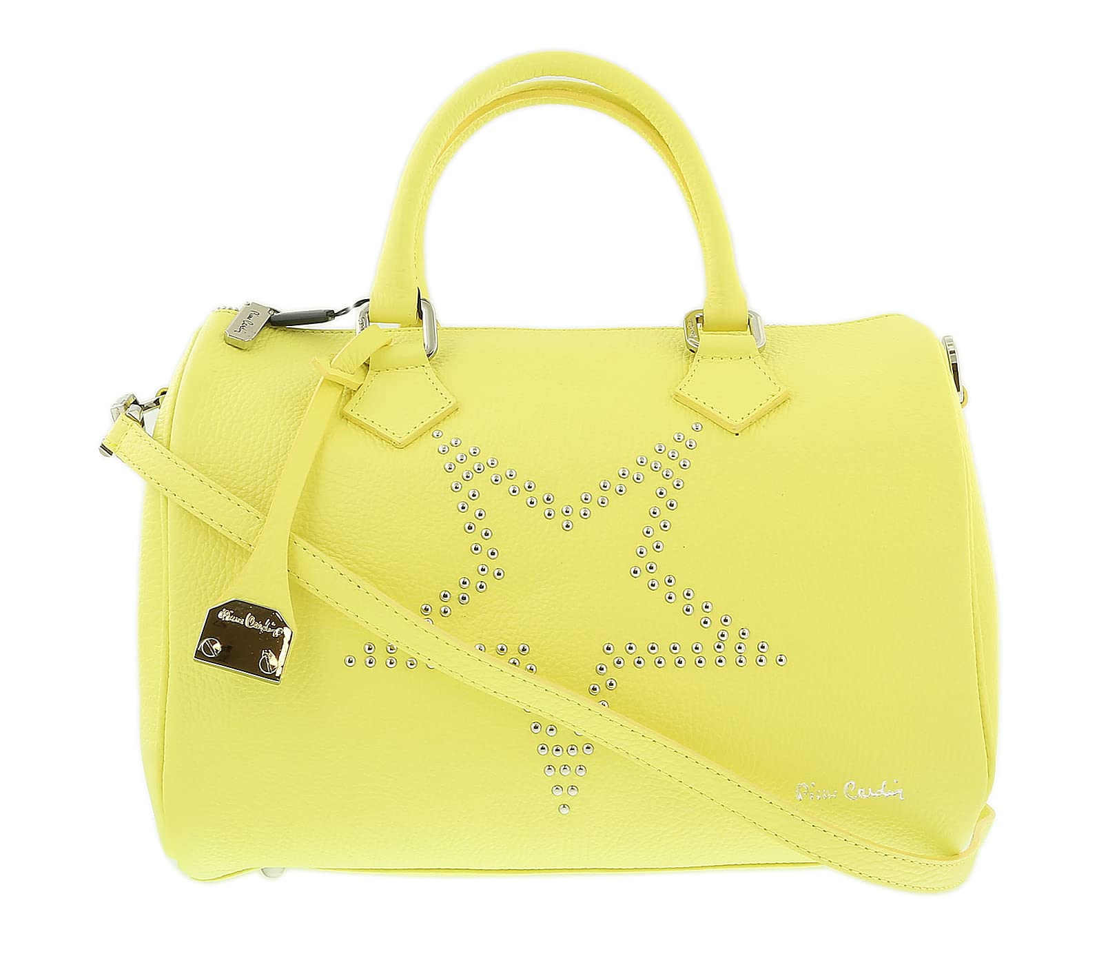 Pierre Cardin Bright Yellow Leather Star Studded Medium Fashion Satchel Bag for womens