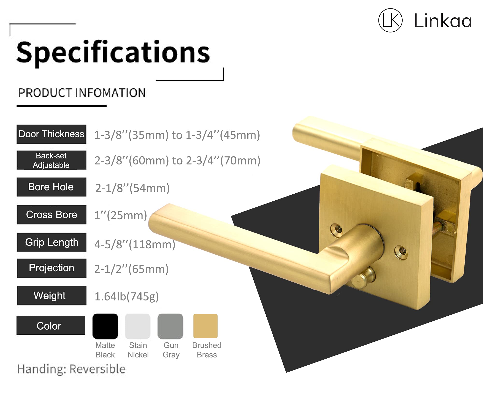 Linkaa Pivacy Door Lever Gold Stain Brass Lever Door Handle with Lock, Keyless Door Lock, Privacy Function Exterior/Interior Door Handles.