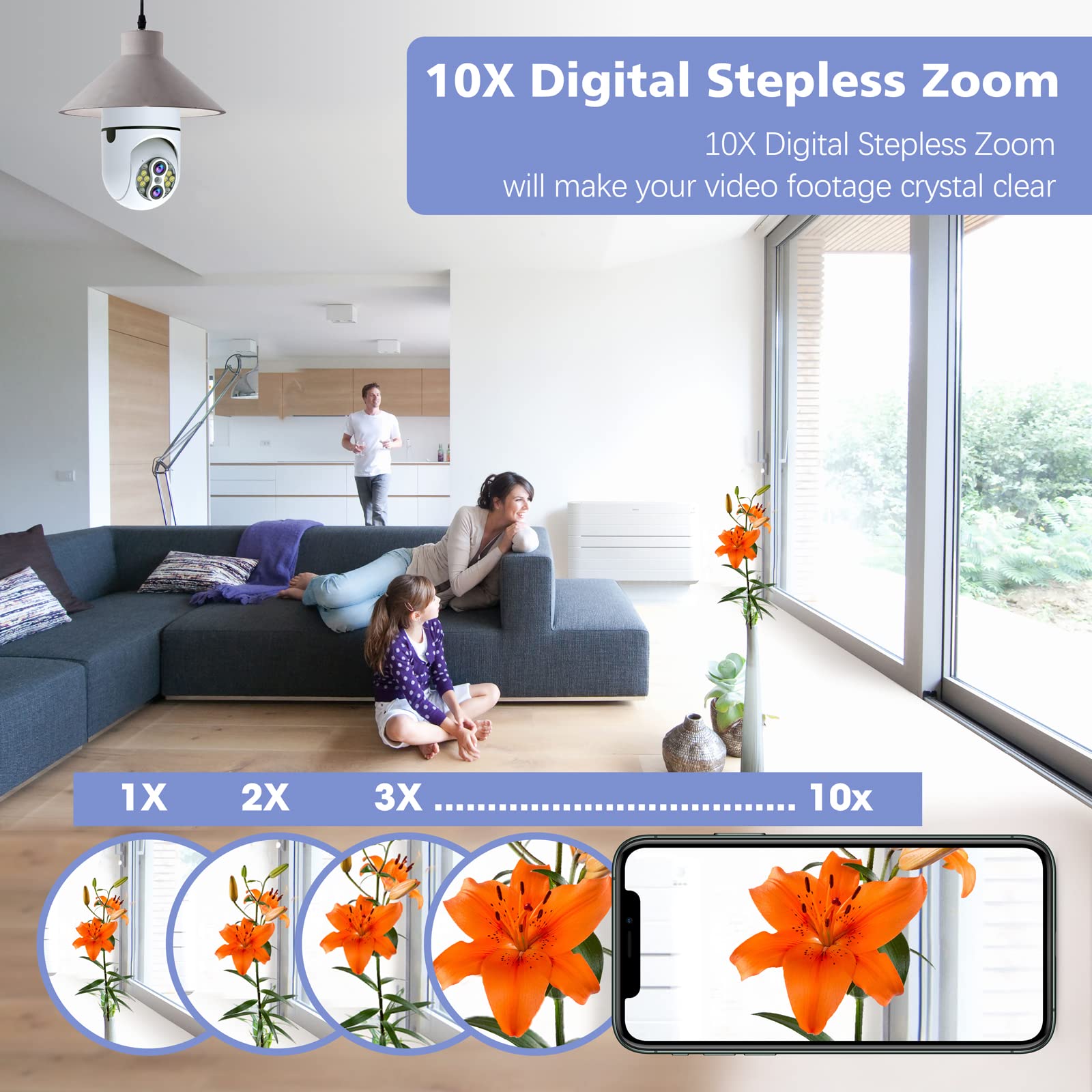 Upgrade 10X Hybrid Zoom 2MP Wireless Light Socket Security Camera, 2.4GHz WiFi Light Bulb Security Camera, Motion Detection, Color Night Vision, Sound & Light Alarm, Auto Tracking