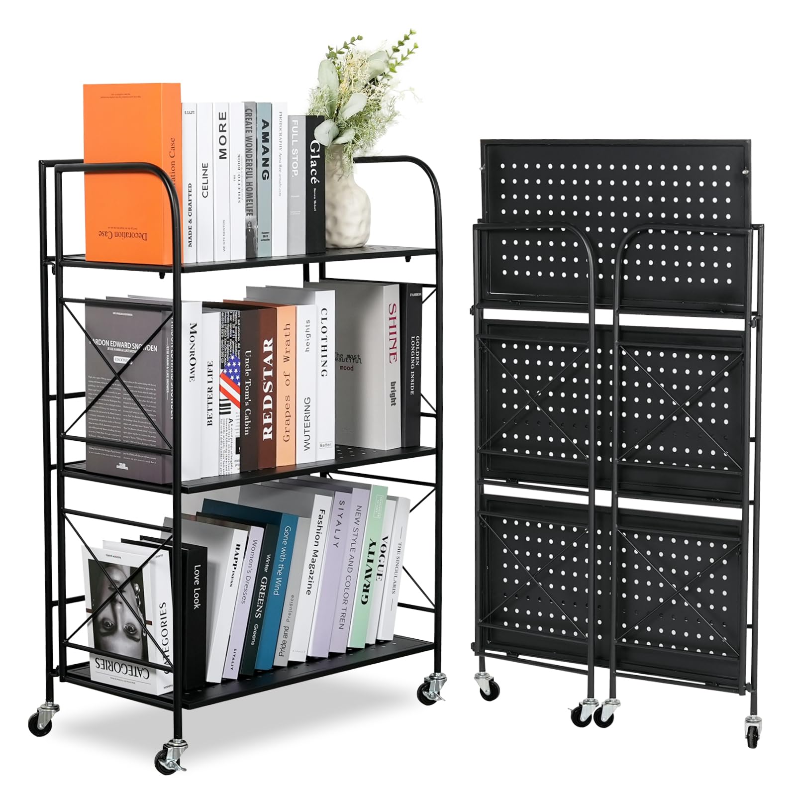 villertech Folding Shelf 5 Tier,Folding Bookshelf,Foldable Shelf,Metal Folding Storage Shelves with Wheels,Folding Shelf Unit for Living Room,Kitchen,Study, 12.6" D x 23.6" W x 57.0" H, Matte Black