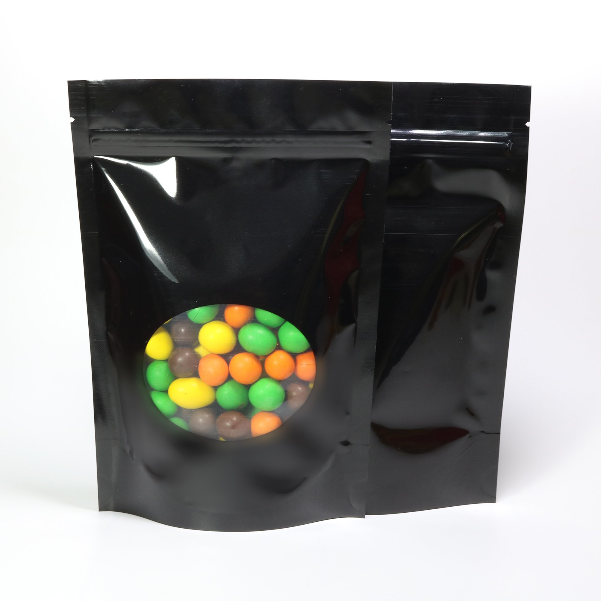 QQ Studio Pack of 100 Glossy Colored Mylar Foil Stand-Up Zip Seal Bags w/Clear Round Window (Glossy Black, 3.3 inches x 5.5 inches)