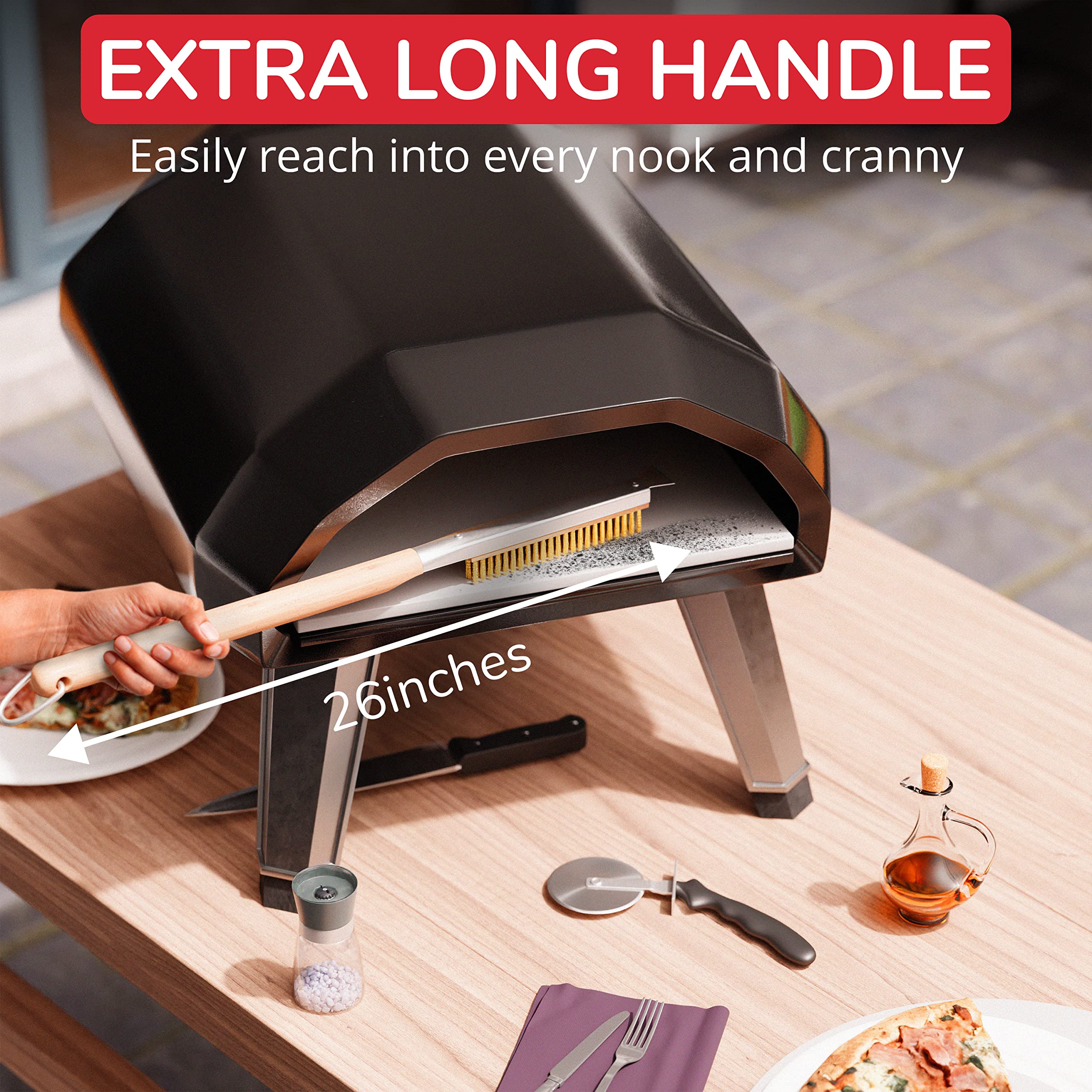 Senwosa 26β Pizza Oven Brush with Stone Scraper - Heat Resistant Stainless Steel Bristles, Extra Long Handle - Compatible with Ooni Ovens - Includes Spare Head