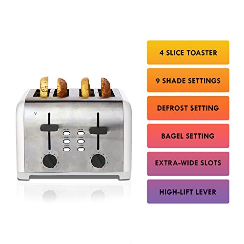 Kenmore 4-Slice Toaster, White Stainless Steel, Dual Controls, Extra Wide Slots, Bagel and Defrost Functions, 9 Browning Levels, Removable Crumb Trays, for Bread, Toast, Muffin, Toaster Strudelā¦