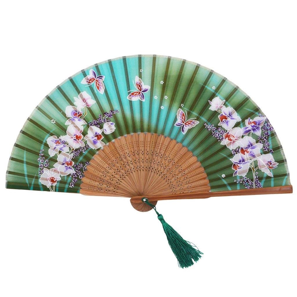 MEING Folding Fan Chinese Style Silk Folding Classical Bamboo Fan with Portable Fan Craft Folding Fan Gift Fan Handheld Fans Hand Folding Fans (Color : Green)