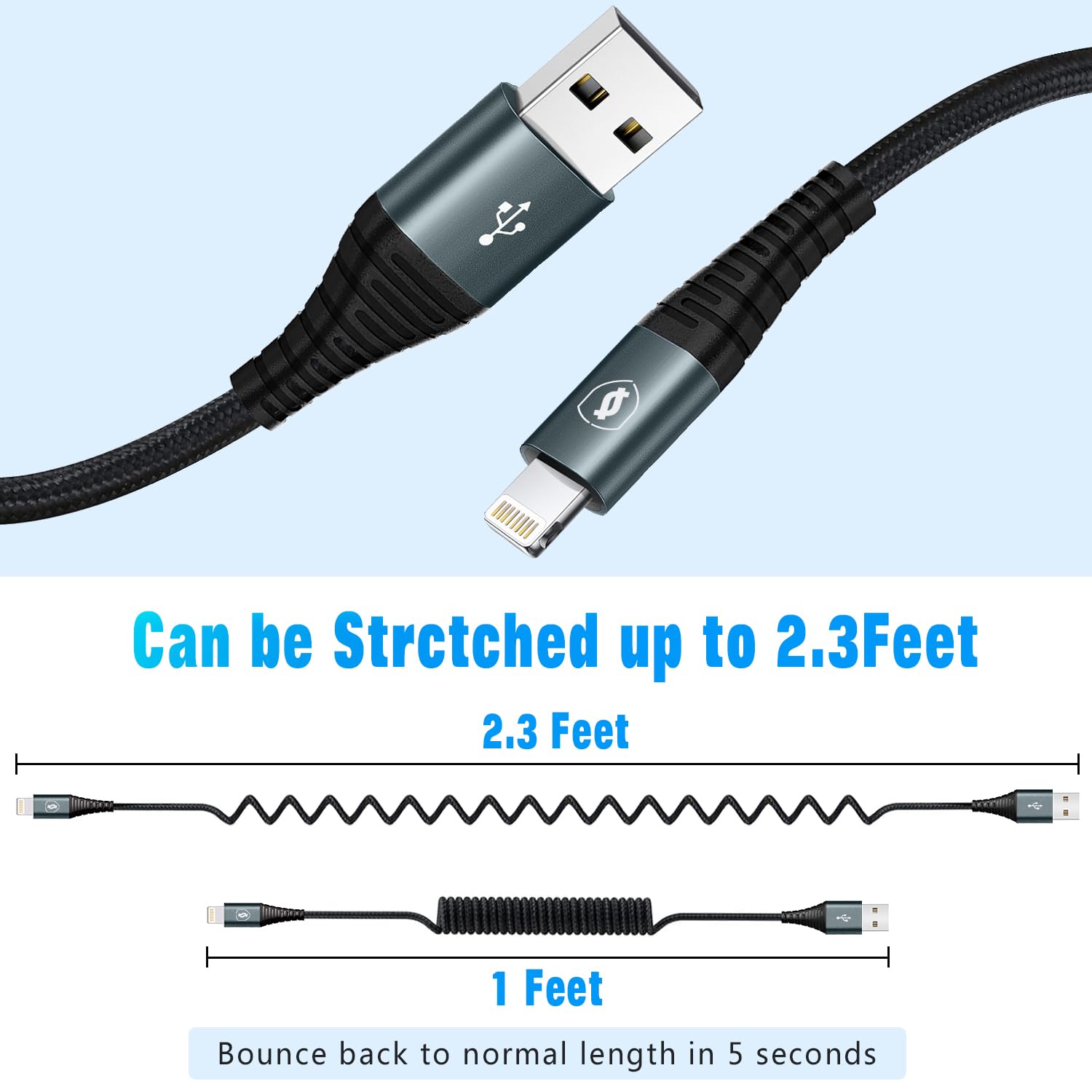 JUKEKUL Coiled Lightning Cable 3ft Nylon Braided, iPhone Charger Fast Charging for Car [Apple MFi Certified], Compatible with iPhone14/13/12/11 Pro Max/XS MAX/XR/XS/X/8/7/Plus/6S iPad/iPod-2Pack