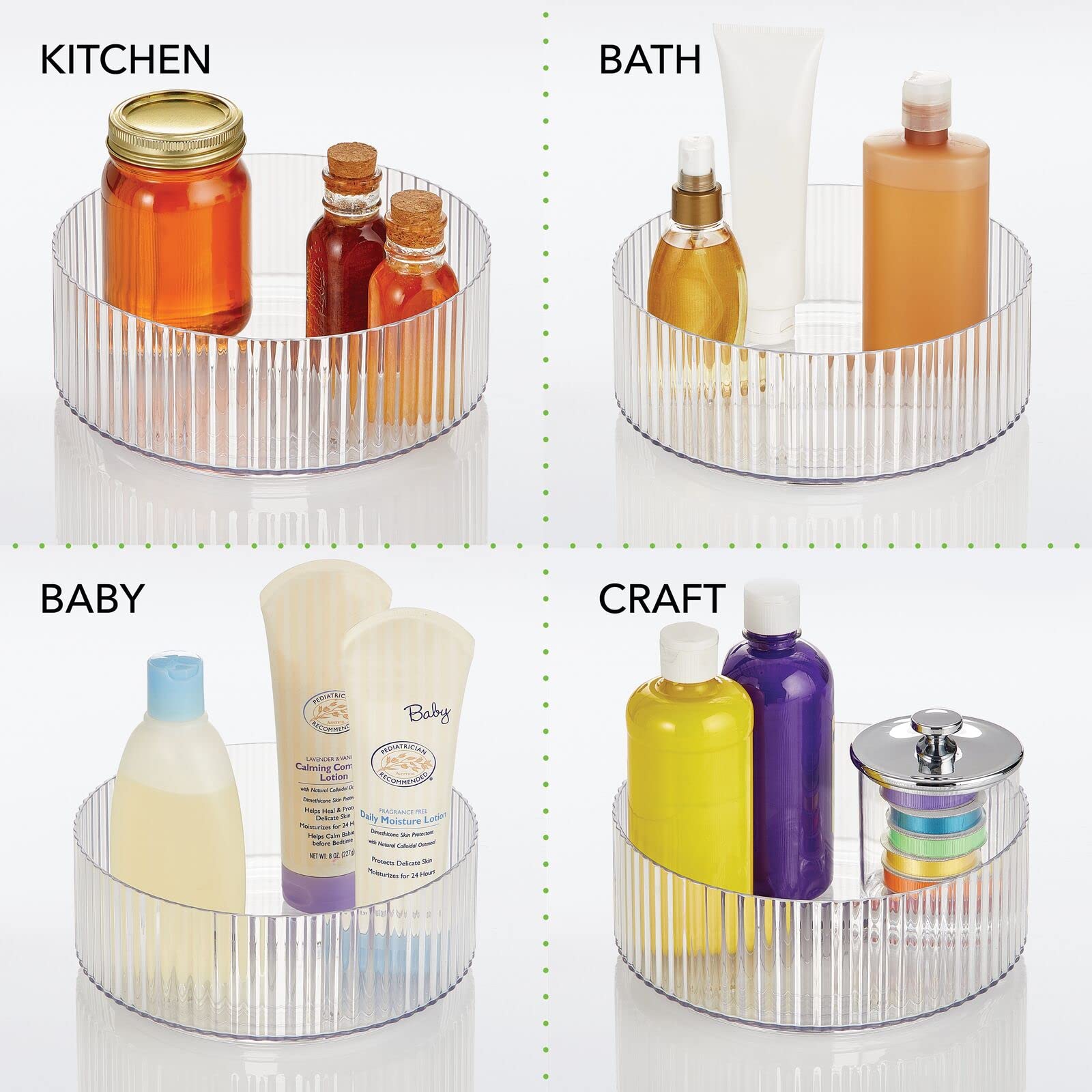 mDesign Plastic Stackable Bin with Handles and 9" Round Fluted Lazy Susan Turntable Plastic Spinner Combo Set for Organization in Bathroom, Closet, Cabinet, or Vanity Countertop - Set of 2 - Clear